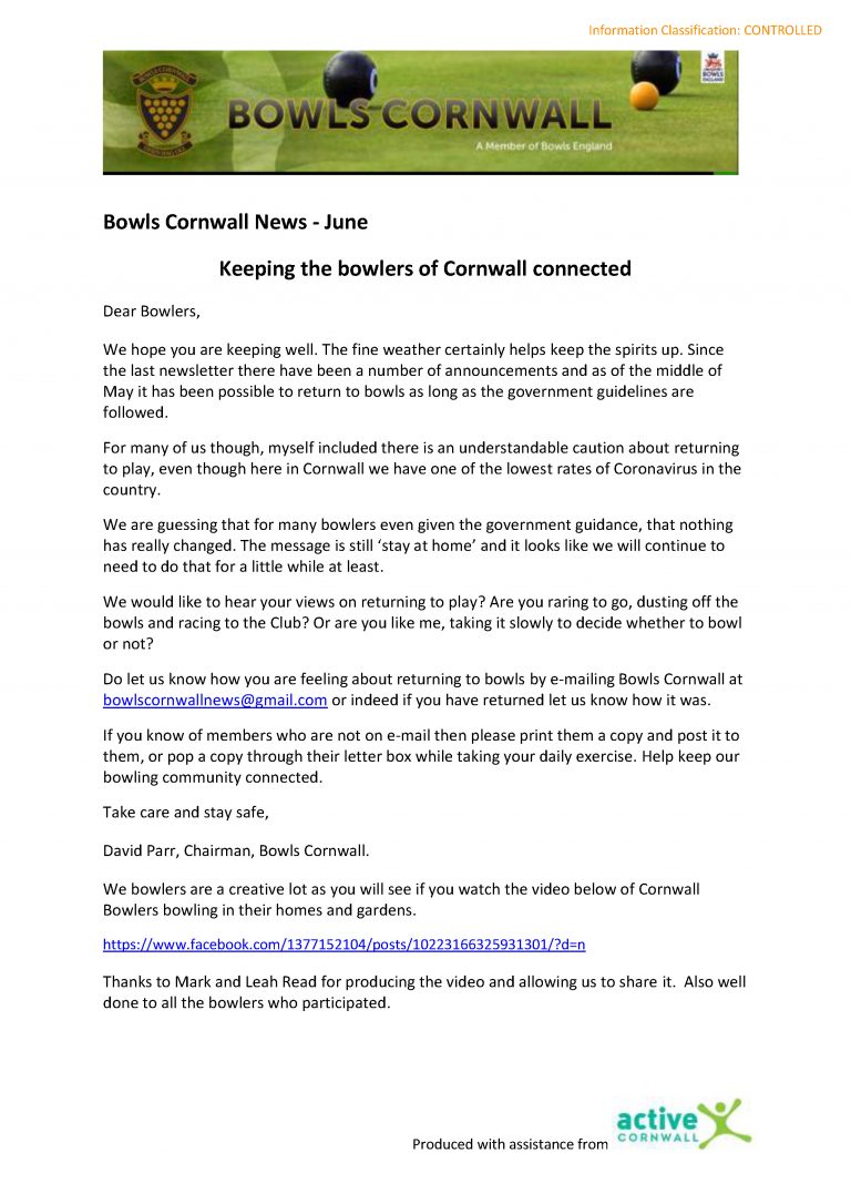 BOWLS CORNWALL NEWS – JUNE 2020 | Bowls Cornwall